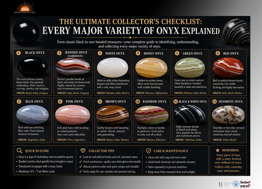 Onyx Varieties Guide: Types, Colors & Jewelry Benefits 2026